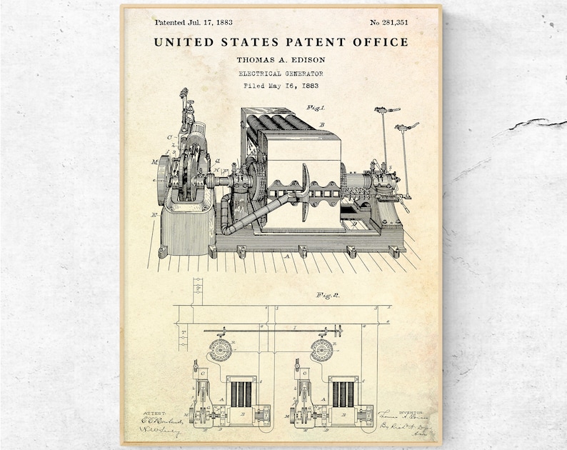 Impresión de patente del generador eléctrico de Edison de 1883. Póster ...