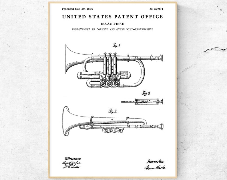 Cornet Patent Print. Vintage Blueprint Poster. Music Room Decor ...