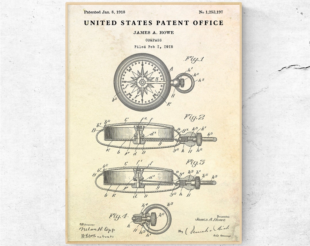 Compass 1918 Patent Wall Art. Wanderlust Decor. Traveler Vintage Gift ...