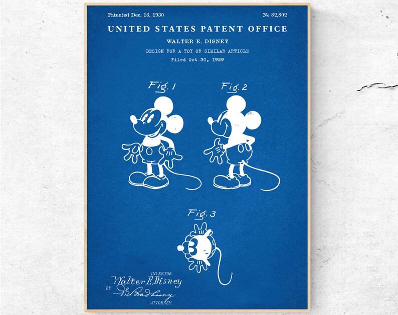 Mickey Mouse 1930 Patent Wall Art Print. Cartoon Legendary Character ...