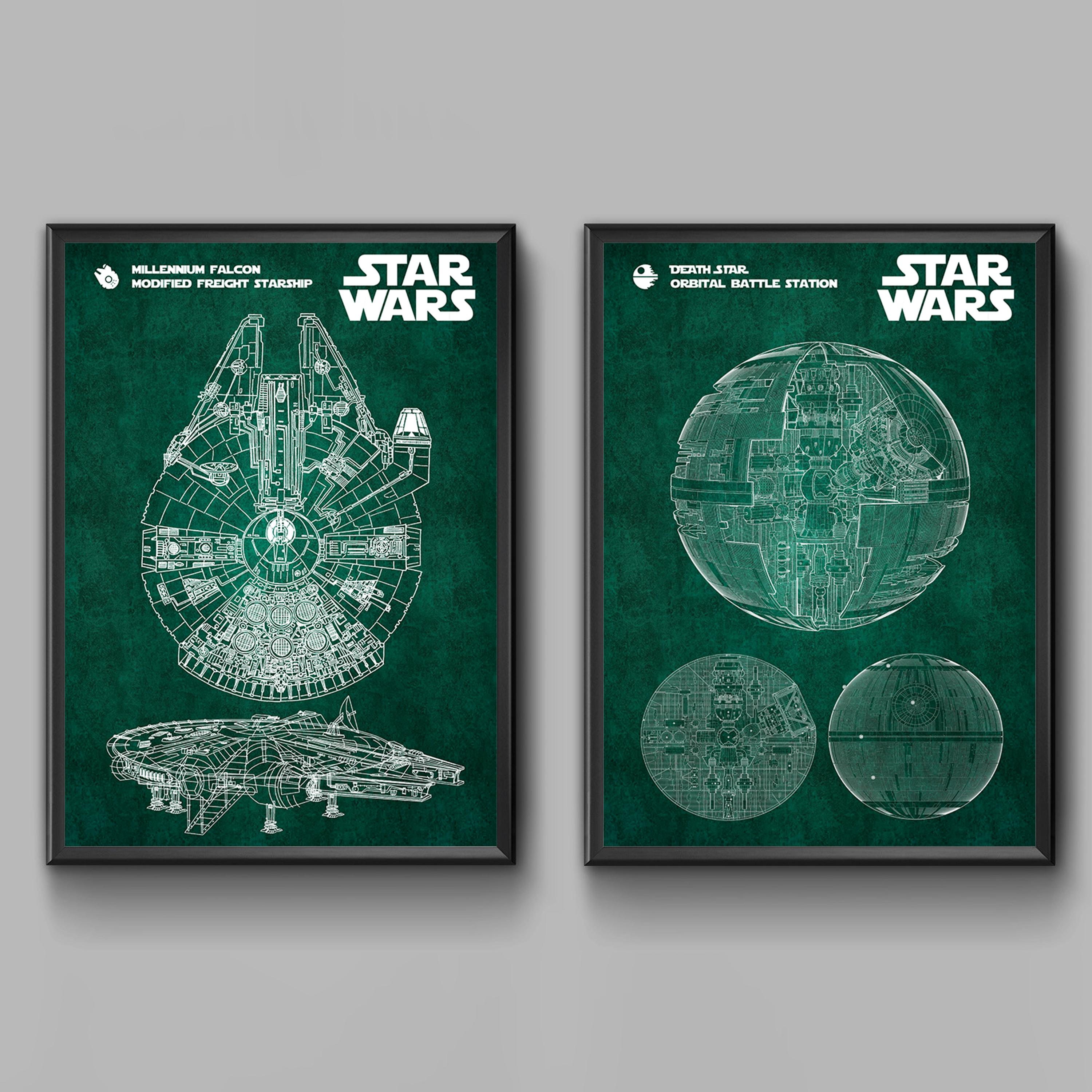 Death Star & Millennium Falcon Schematic Wall Art, Star Wars Decor ...