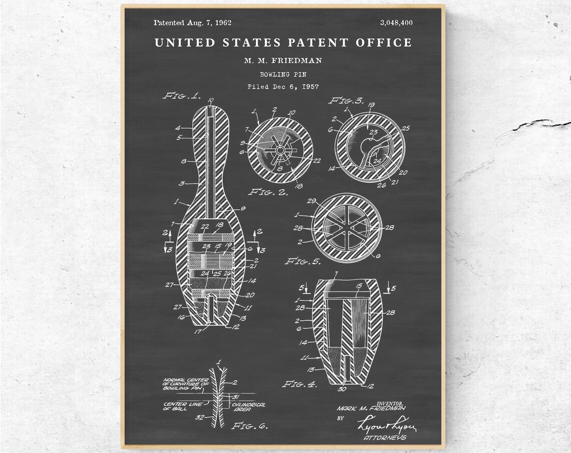 Bowling Pin 1962 Patent Poster. Bowling Decor Blueprint Wall - Etsy