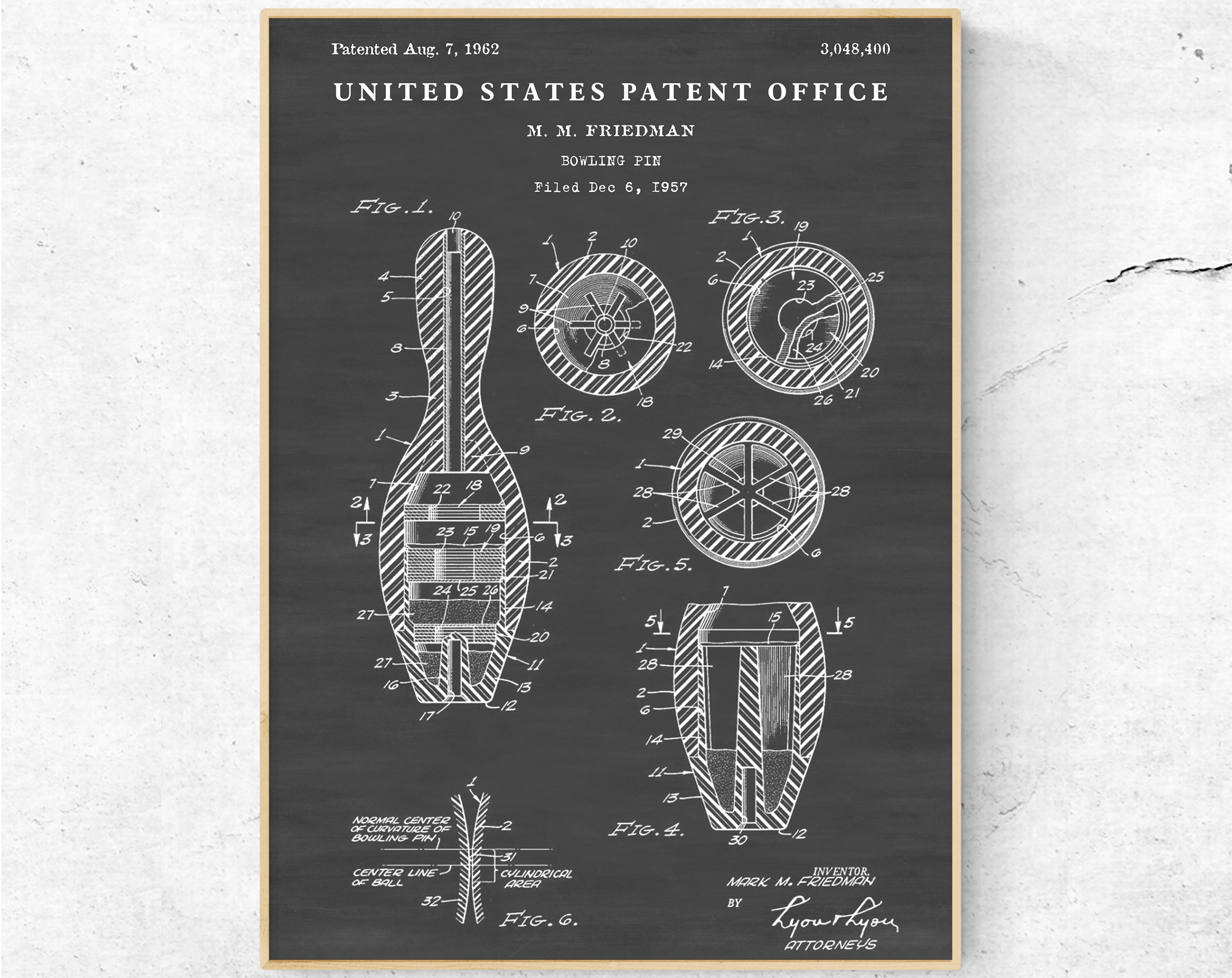 Bowling Pin 1962 Patent Poster. Bowling Decor Blueprint Wall | Etsy