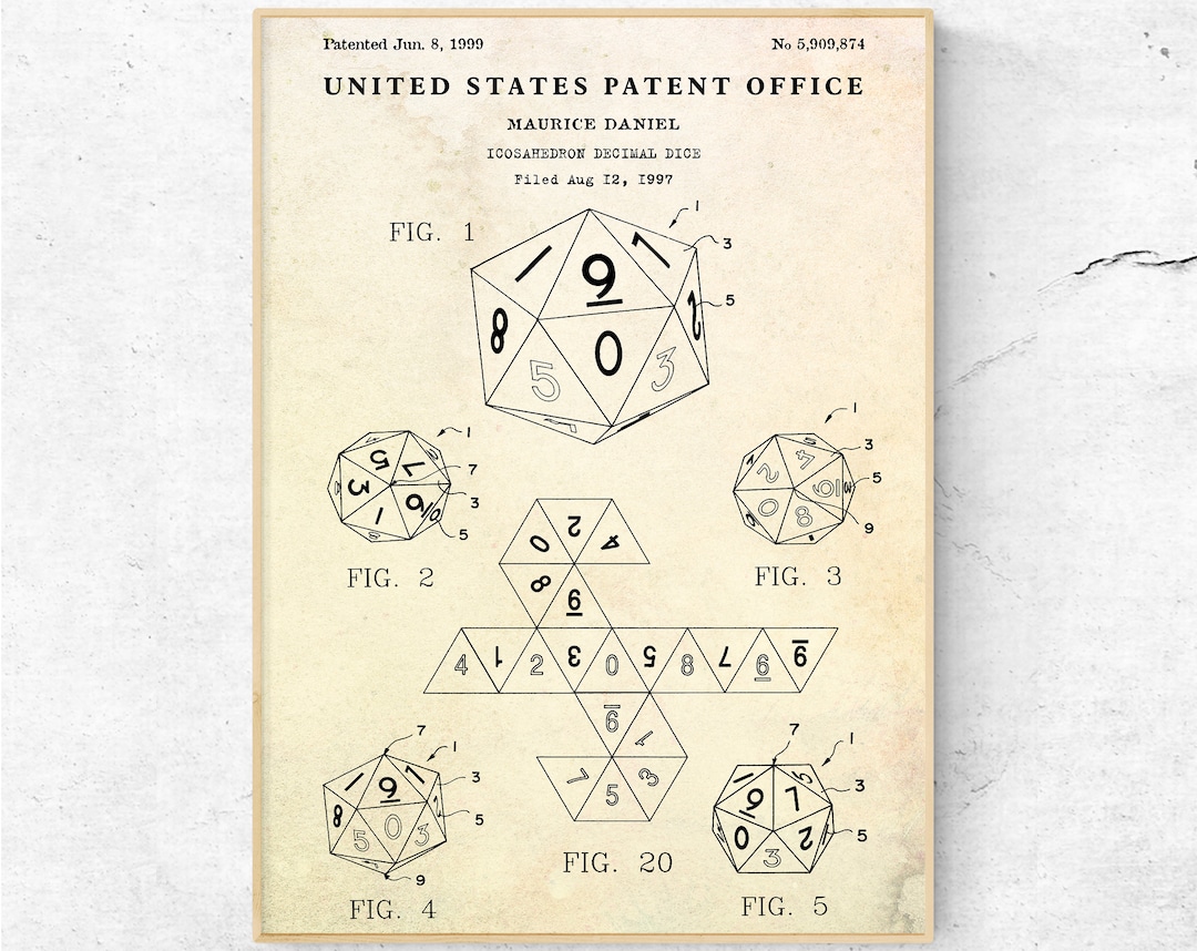 20 Sided Dice Patent Print. Dnd Icosahedron Decimal Dice Blueprint ...