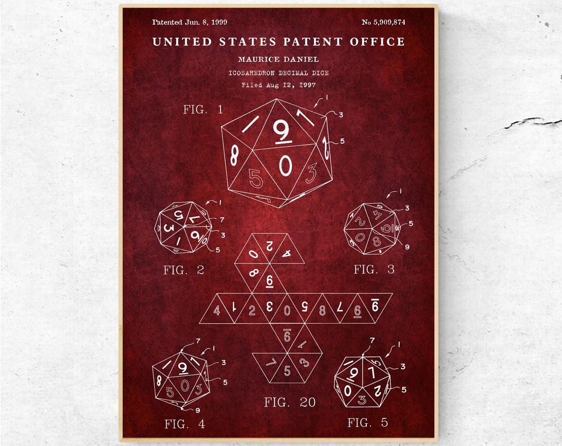 20 Sided Dice Patent Print. Dnd Icosahedron Decimal Dice Blueprint ...