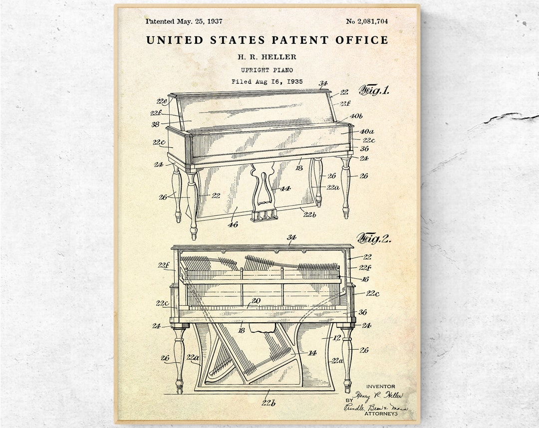 Upright Piano 1937 Patent Print. Inventions Blueprint Poster. Music ...