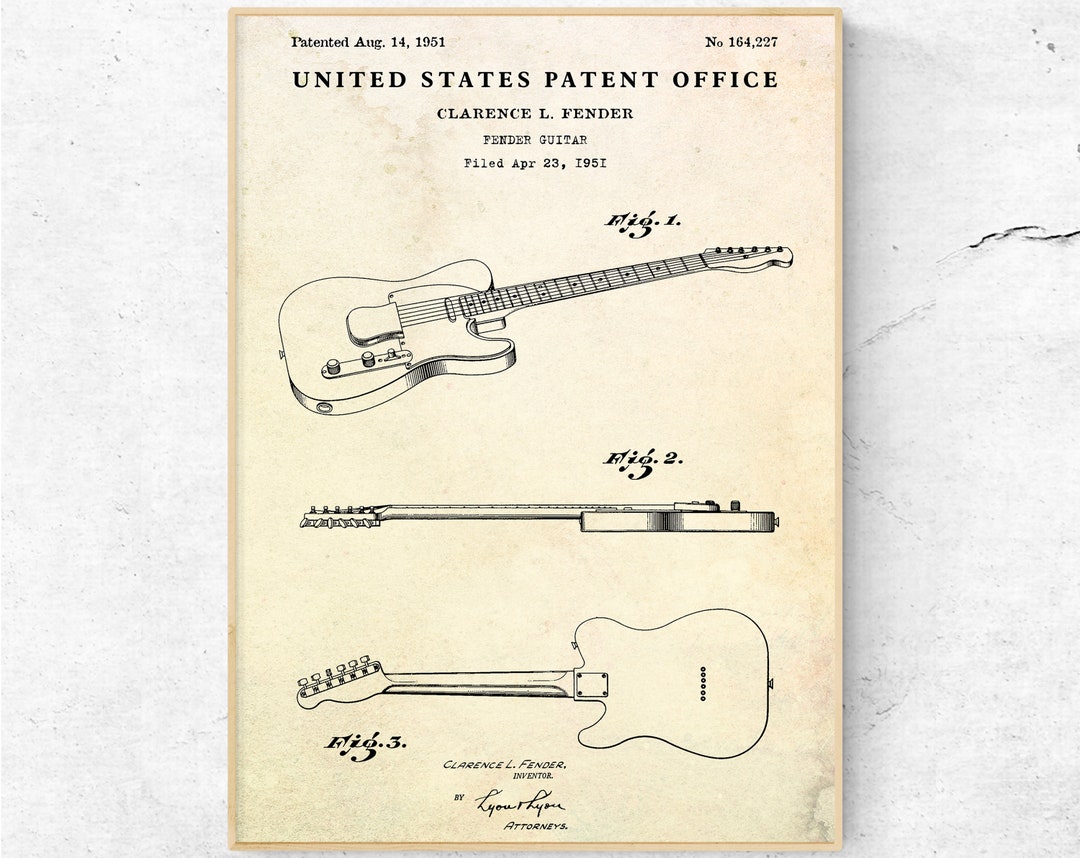 Fender Guitar 1951 Patent Print. Guitar Inventions Blueprint Poster ...