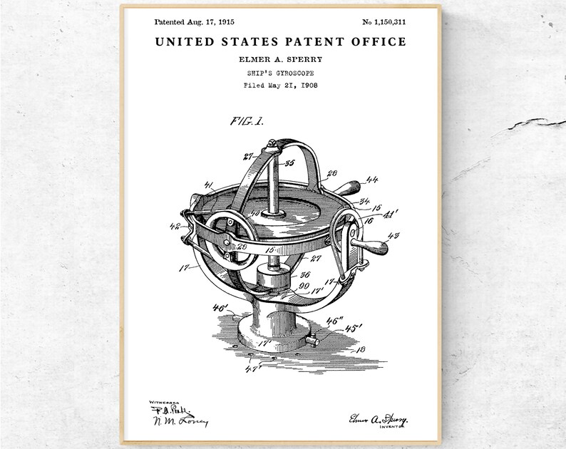 Sperry Gyroscope 1915 Patent Print. Sailing Navigation Inventions ...