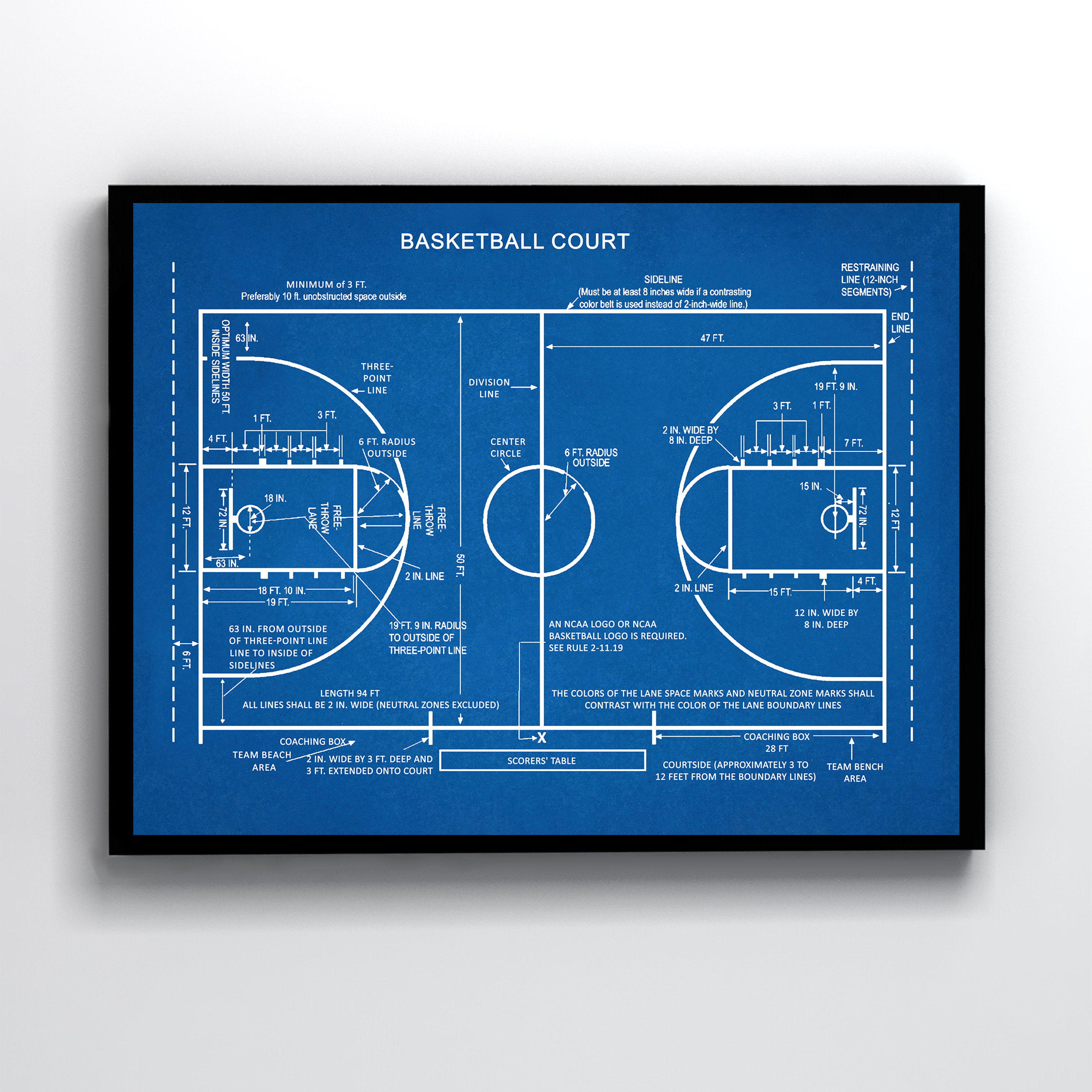 Basketball Court Diagram Poster. Blueprint Wall Art Print. GYM Sports ...