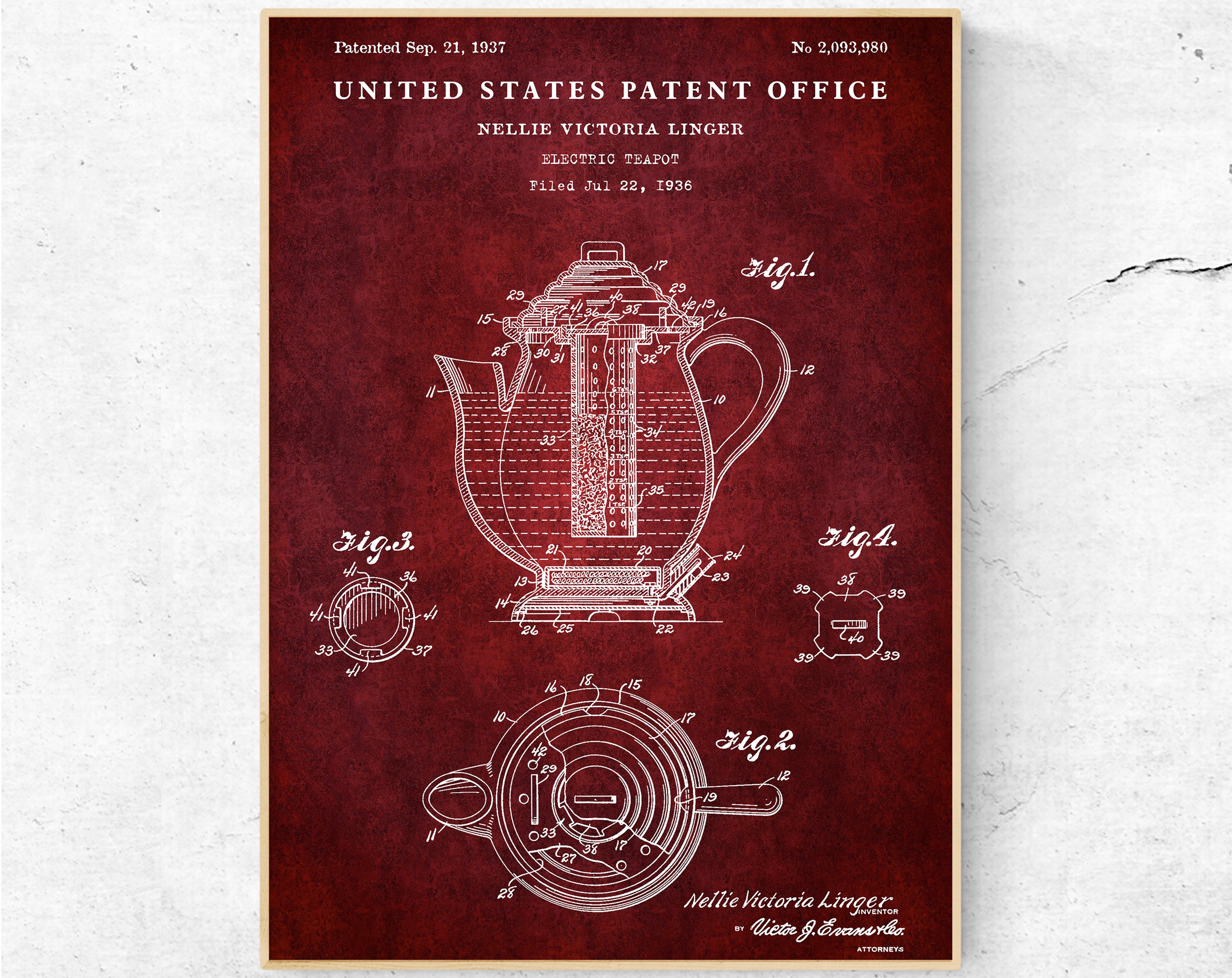 Electric Teapot 1937 Patent Print. Blueprint Poster. Tea Lover Gift ...