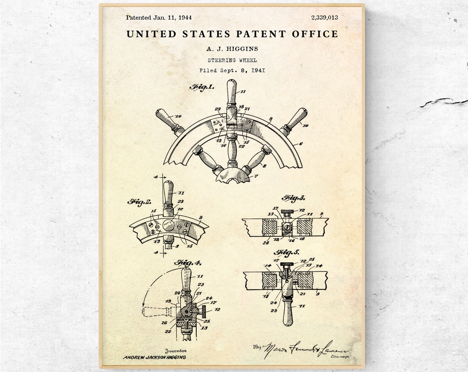 Vintage Ship Steering Wheel Patent Print. Nautical Wall Art. Blueprint ...