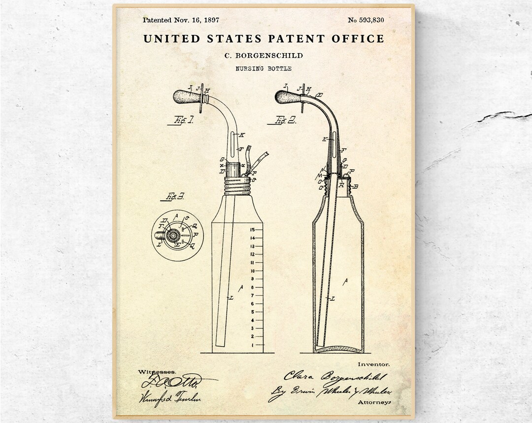 Nursing Bottle 1897 Patent Print. Baby Room Vintage Decor. Inventions ...