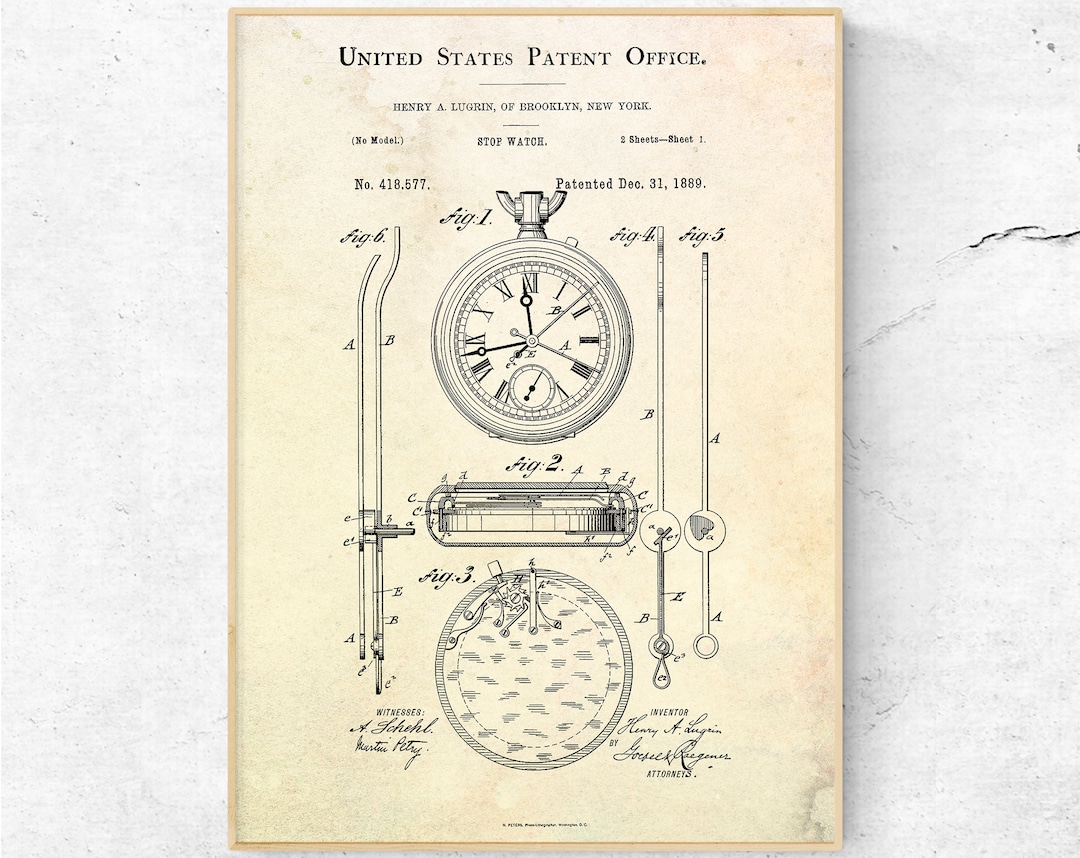 Stopwatch 1889 Patent Print. Stop Watch Invention Blueprint Poster ...