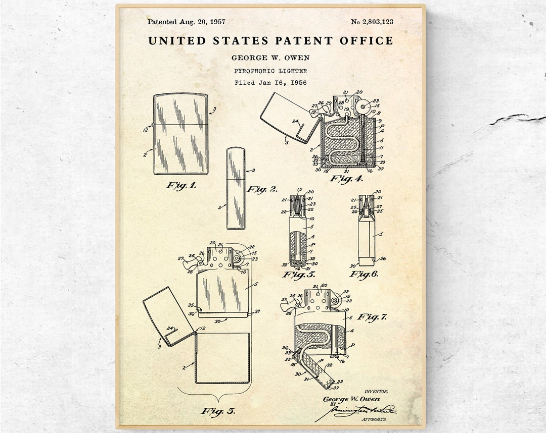 Cigarette Lighter 1957 Patent Print. Blueprint Poster. Smokers Gift ...