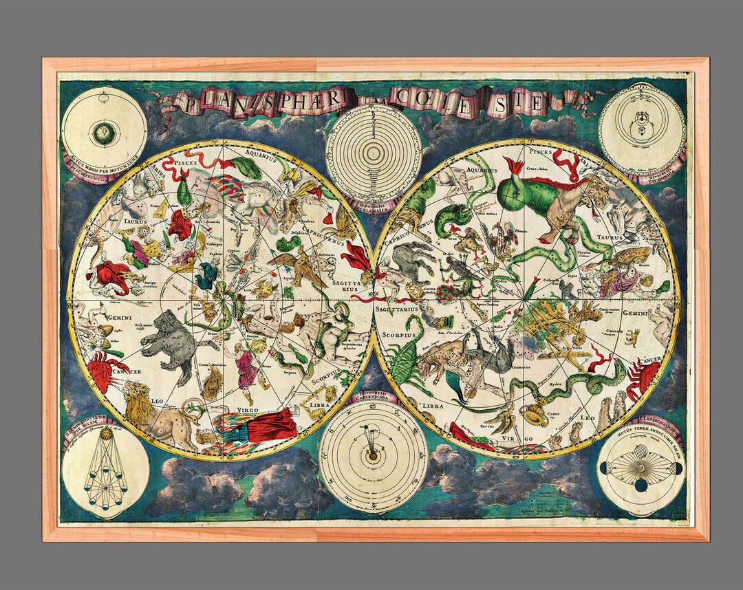 Celestial Planisphere Astrology Poster. Ancient Map Wall Art, Vintage ...