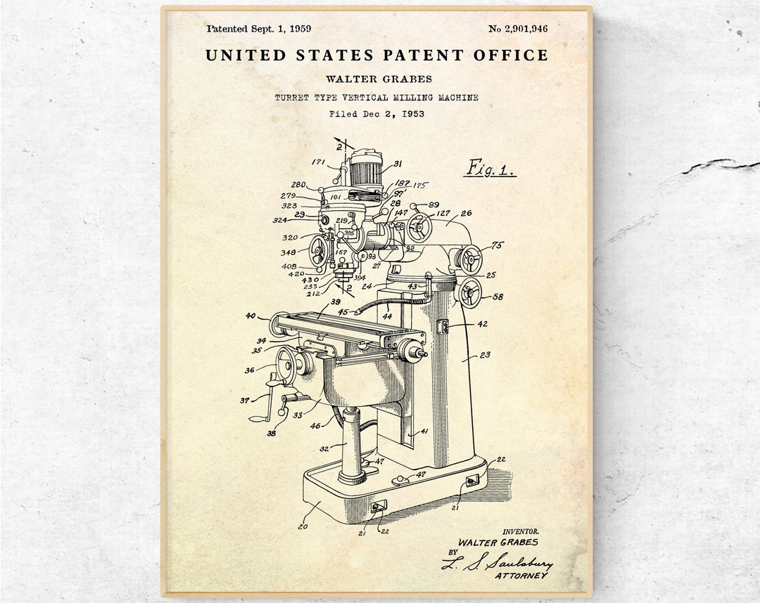 Milling Machine 1959 Patent Print. Bridgeport Mill Invention Blueprint ...