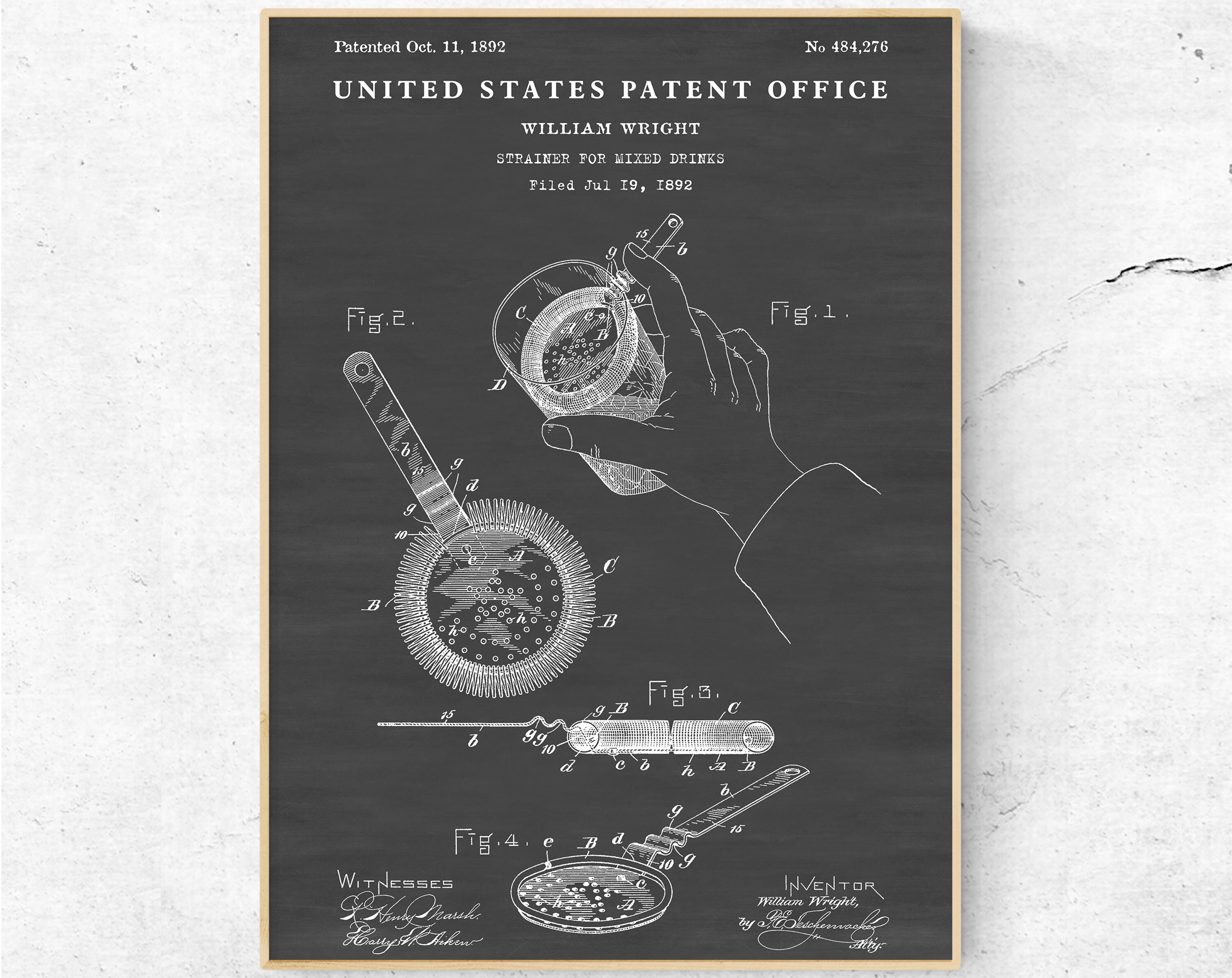 Cocktail Strainer 1892 Patent Print. Mixed Drink Blueprint Poster. Bar ...