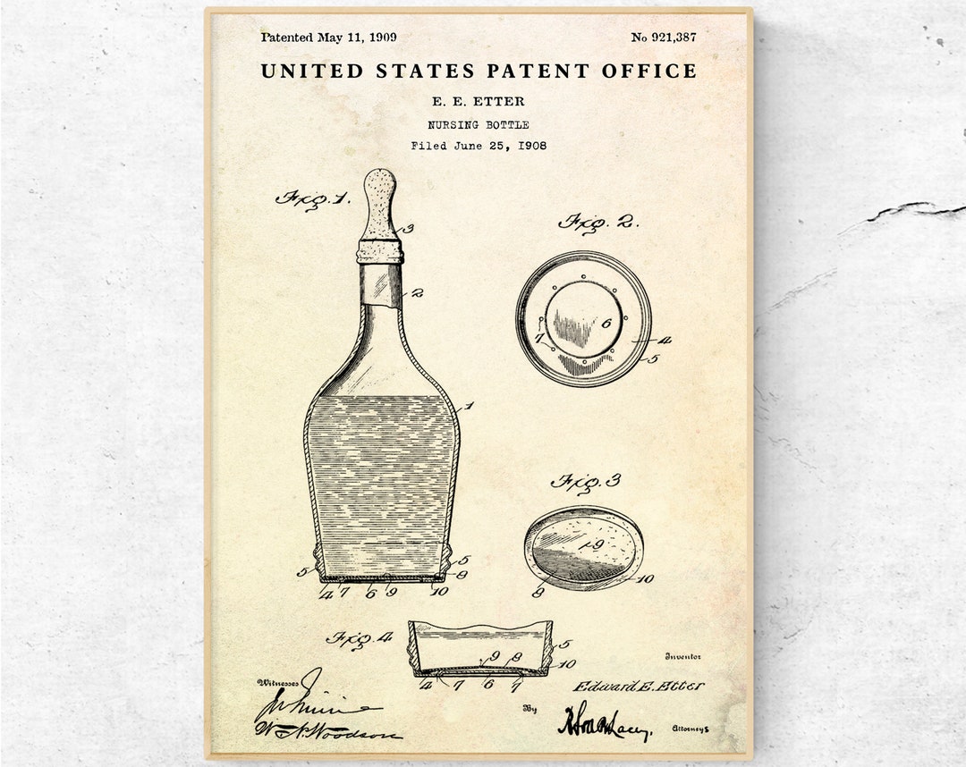 Nursing Bottle 1909 Patent Print. Invention Blueprint Poster. Nursery ...