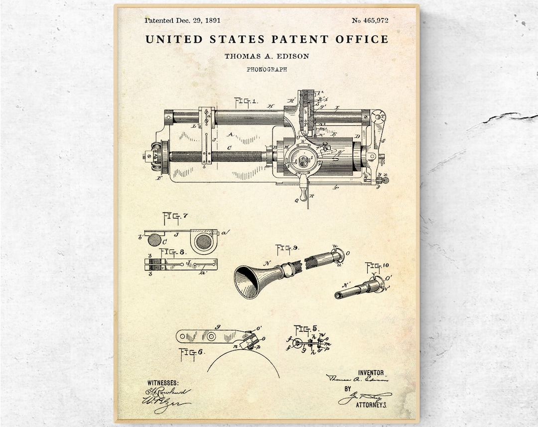 Phonograph Patent Print. Sound Tech Inventions Blueprint Poster. Music ...