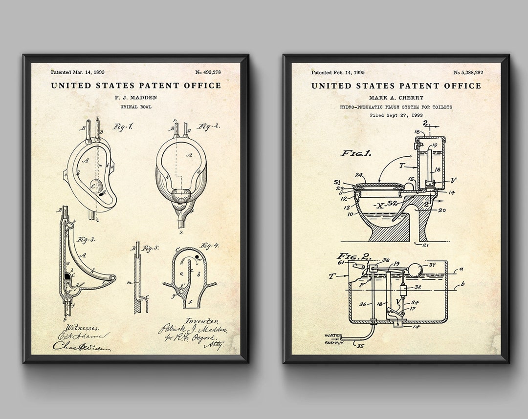 Toilet Patent Wall Art. Urinal & Toilet Flush Inventions, Mens Bathroom ...