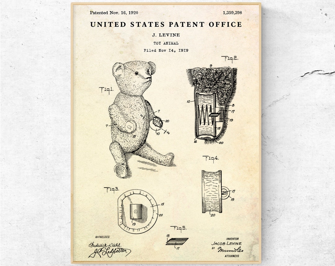Bear Toy 1920 Patent Print, Stuffed Toys Invention, Antique Toy ...