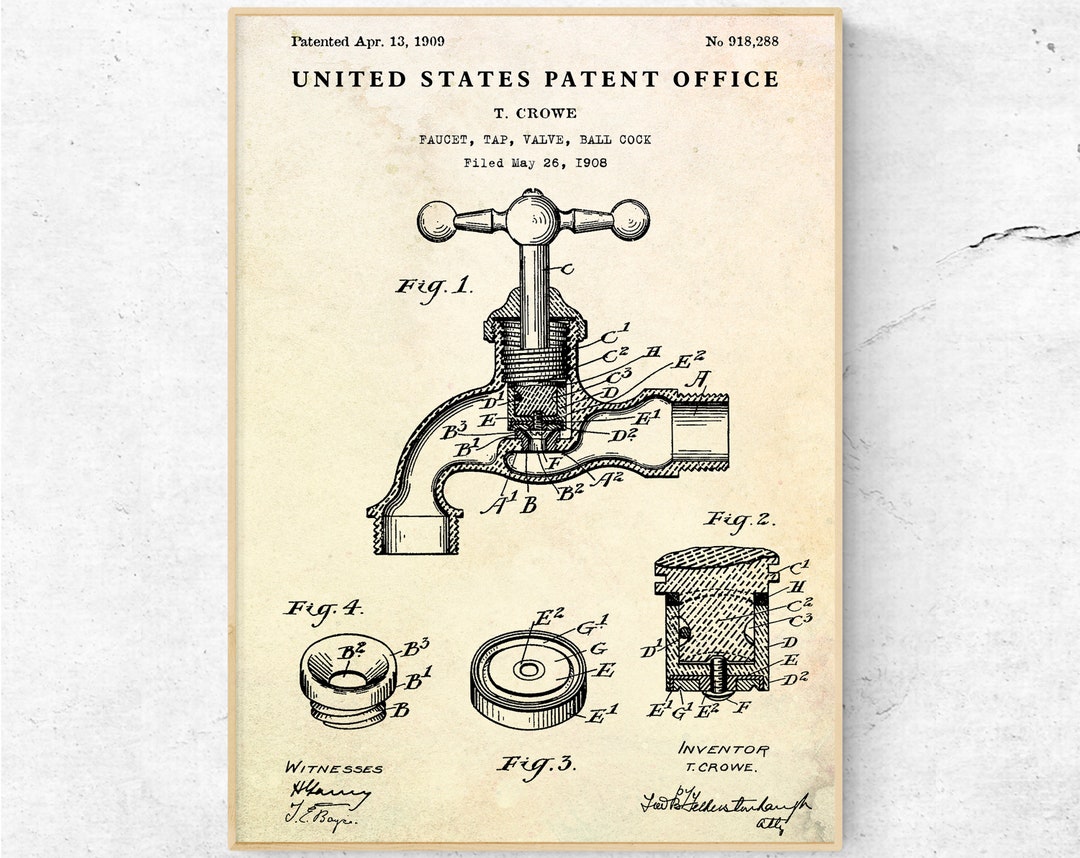 Faucet 1909 Patent Print. Water Tap, Valve Invention Blueprint Poster ...