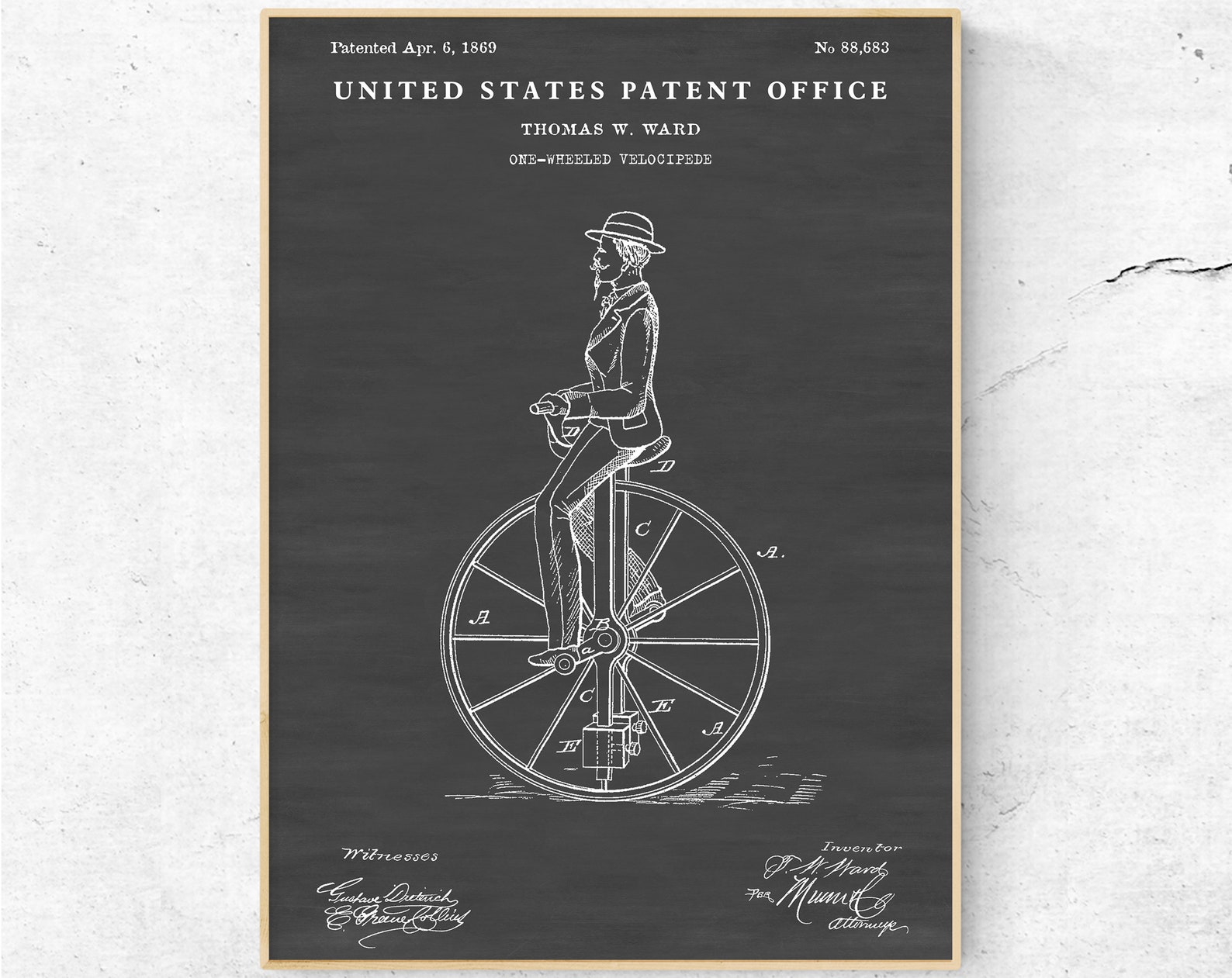 Antique Unicycle 1869 Patent Print, Vintage Bicycle Wall Art, Bike ...