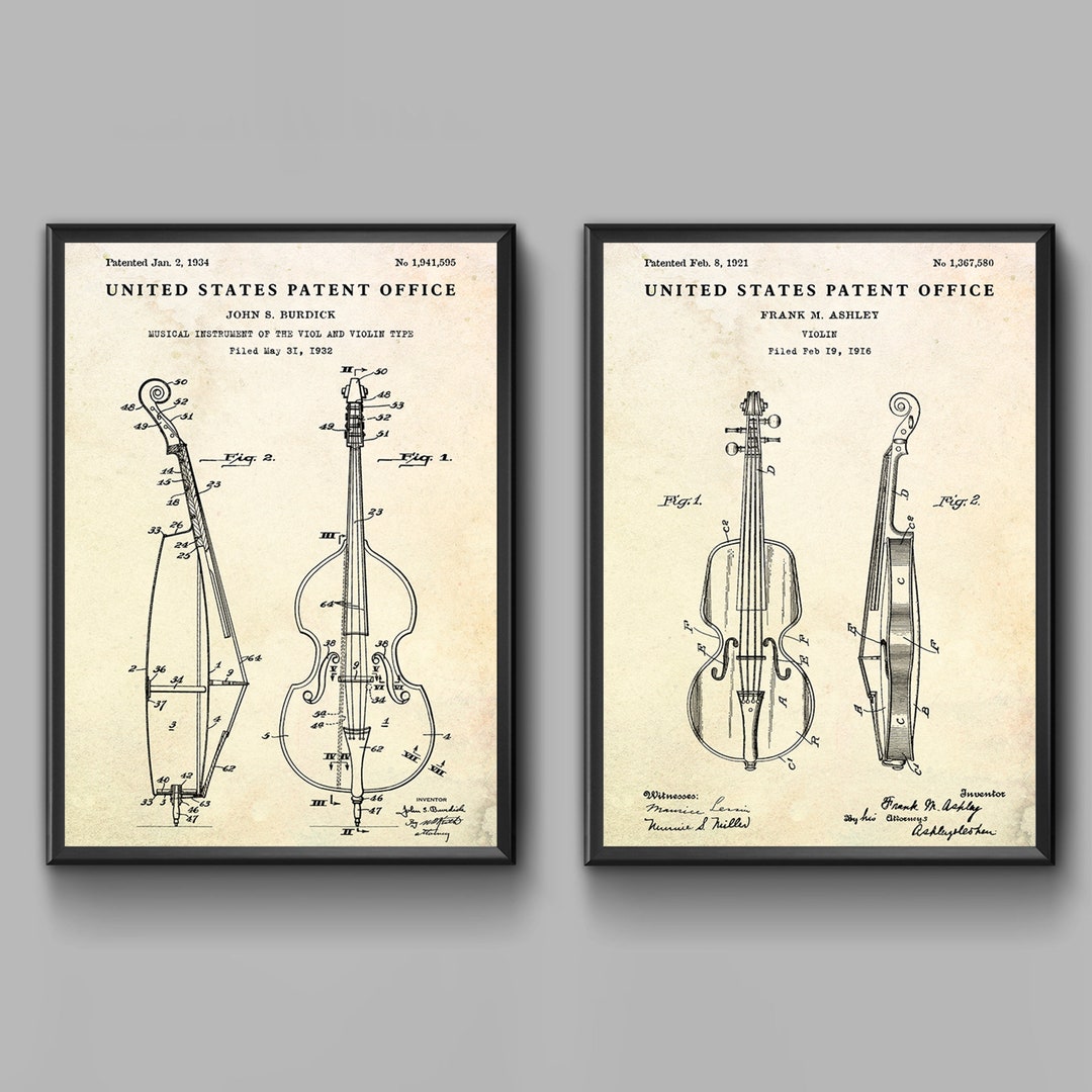 Violin & Cello Patent Drawing Poster, Bowed Instruments Inventions ...