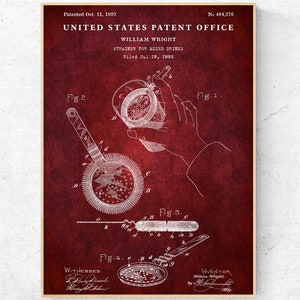 Cocktail Strainer 1892 Patent Print. Mixed Drink Blueprint Poster. Bar ...