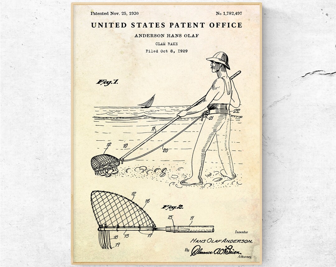 Fishing Wall Art: Clam Rake 1930 Patent Print. Blueprint Poster. Beach ...