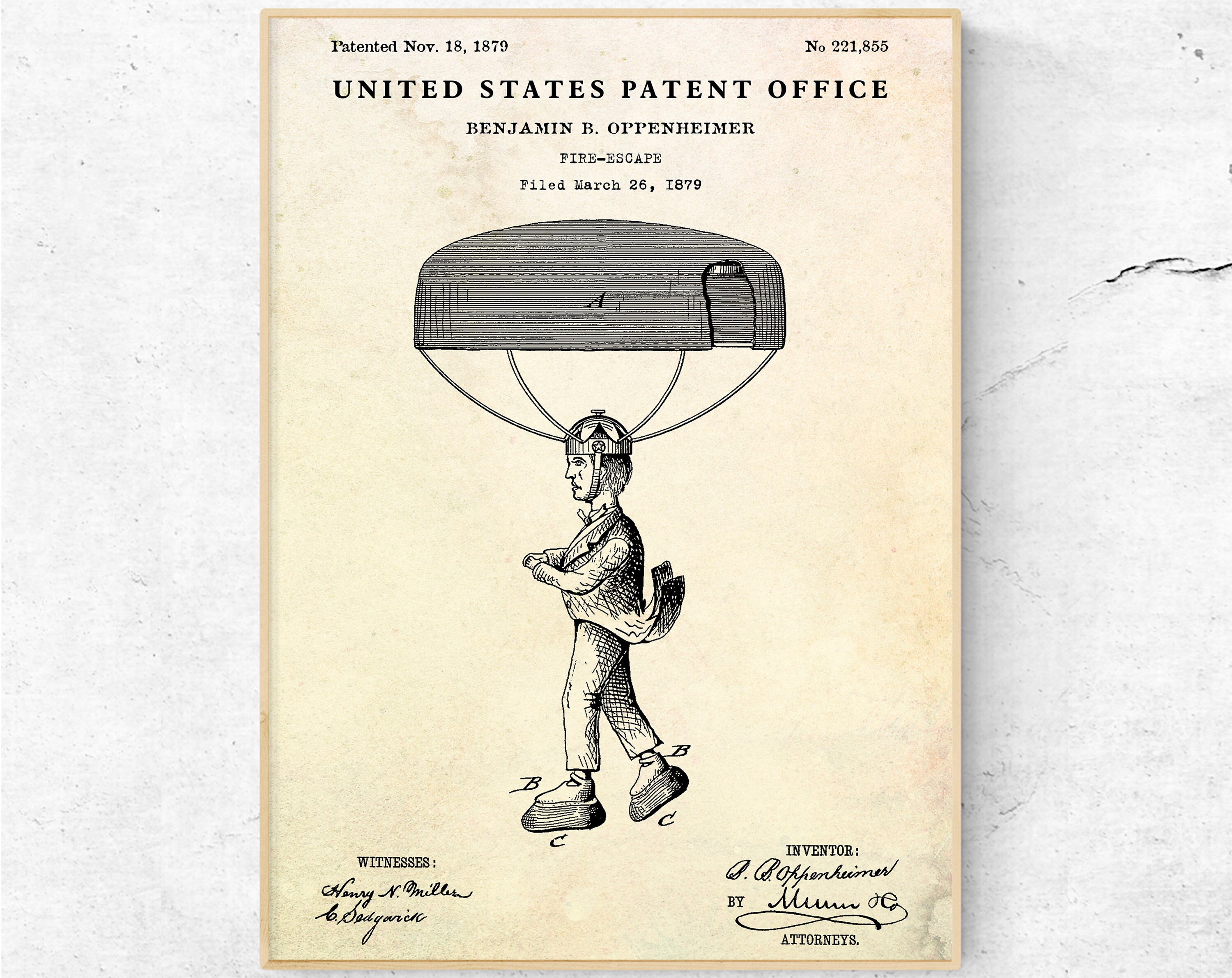 Fire Escape Parachute 1879 Patent Print. Fire House Vintage Decor ...