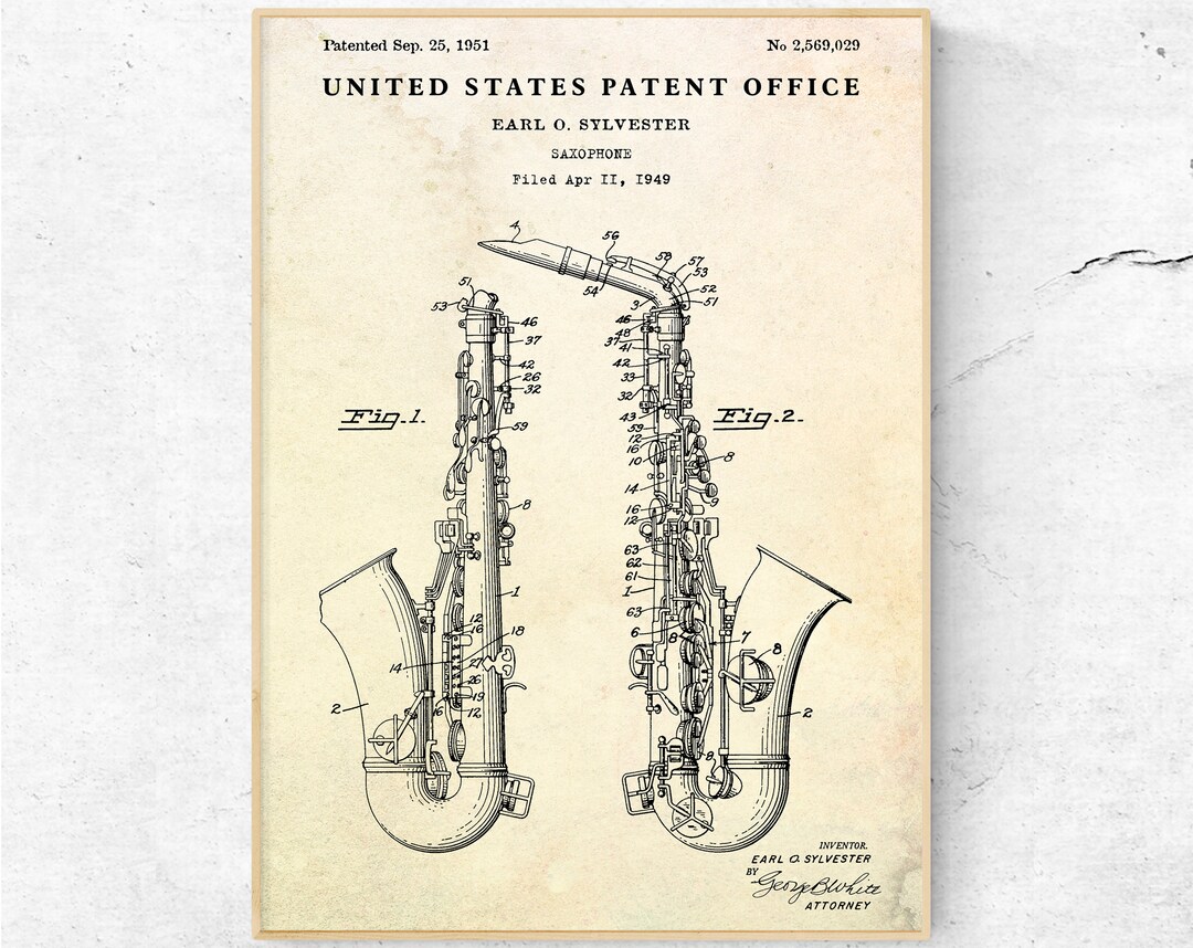 Saxophone 1951 Patent Print. Wind Instrument Invention Blueprint Poster ...