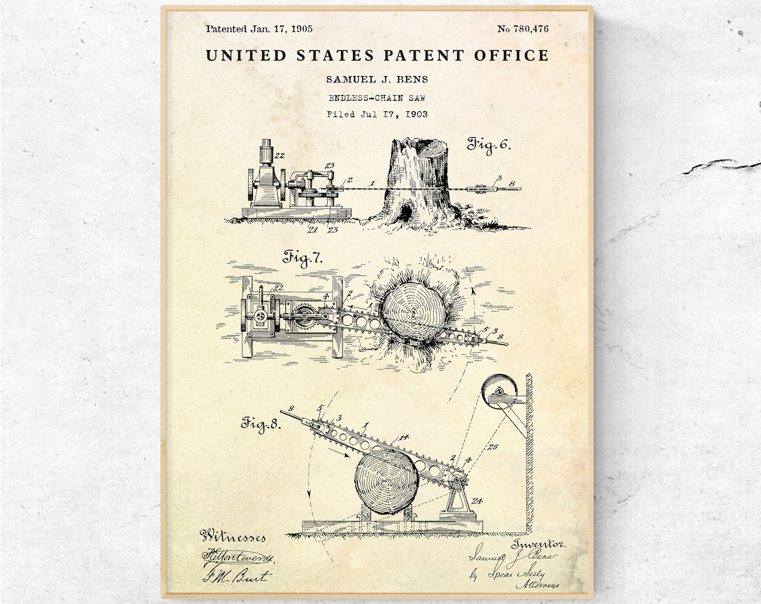 Chainsaw 1905 Patent Art Print. Vintage Wall Decor, Invention Blueprint ...