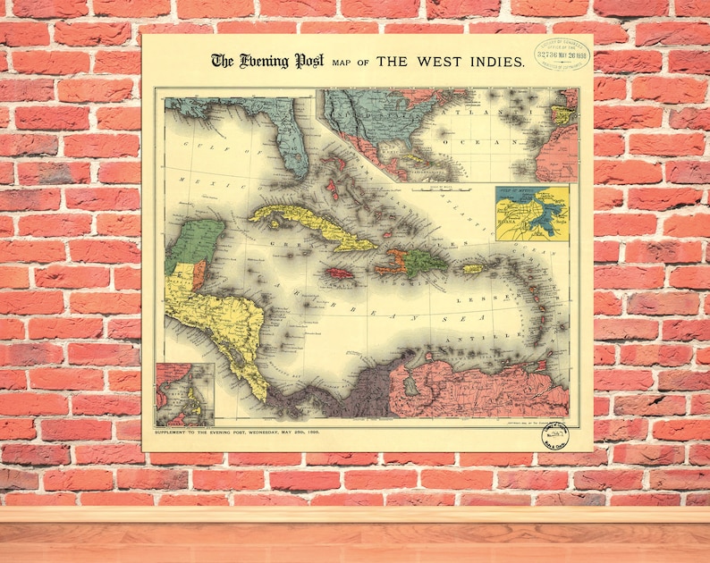 Caribbean Area Antique Map 1898. Caribbean Ancient Map Poster. Vintage ...