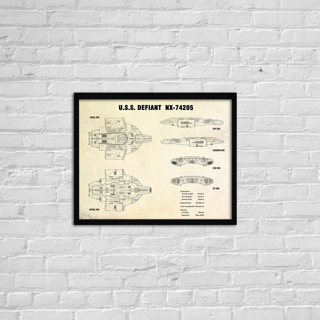 USS Defiant Class Starship Blueprint Poster, Schematic Wall Art ...