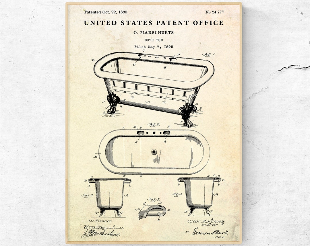 Bathtub 1895 Patent Print. Vintage Bath Wall Art. Antique Tub, Plumbing ...
