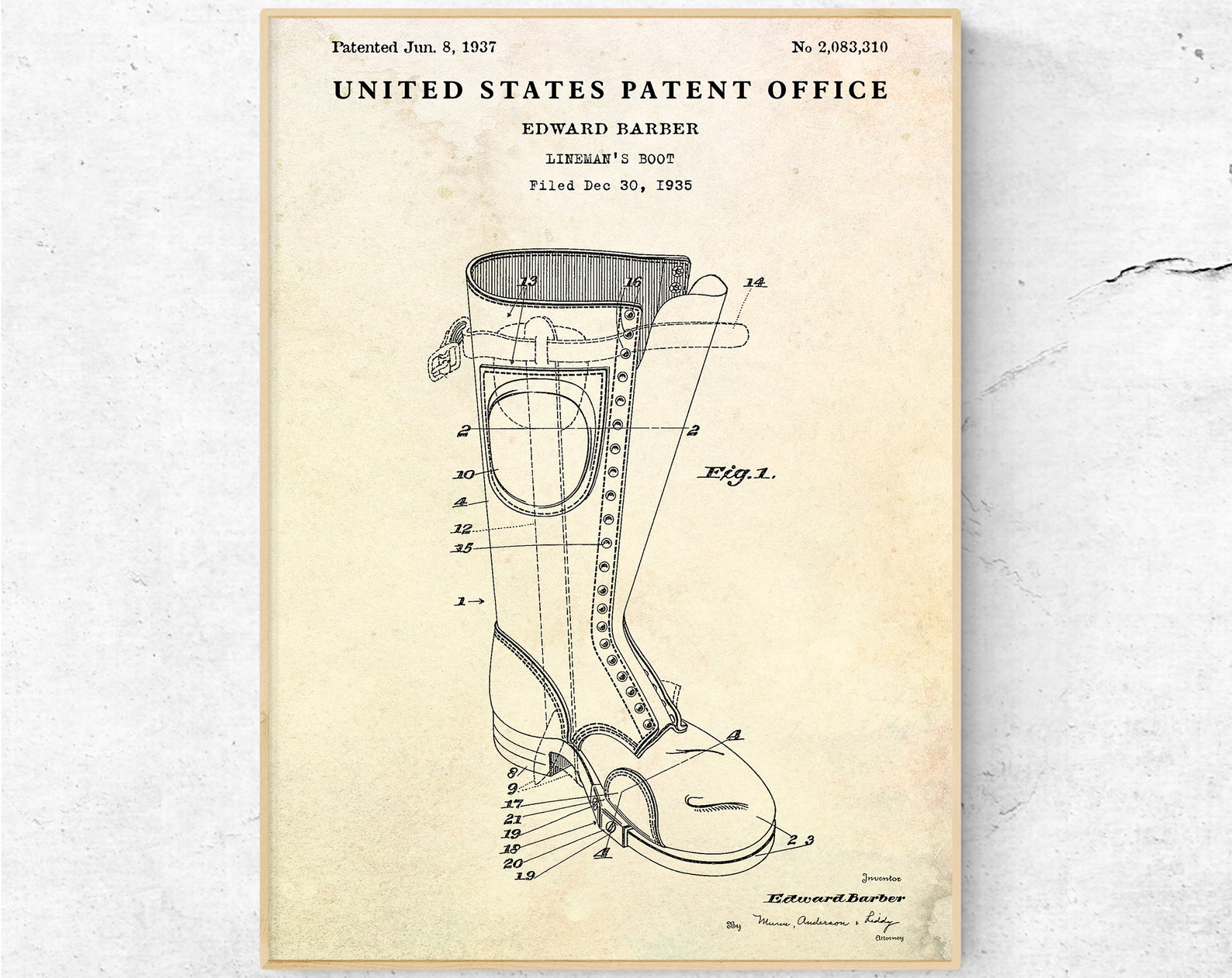 Lineman's Boot 1981 Patent Print. Lineman Wall Art, Vintage Inventions ...