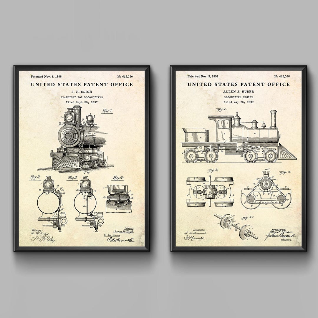 Steam Train Patent Wall Decor. Antique Locomotive Inventions Blueprint ...