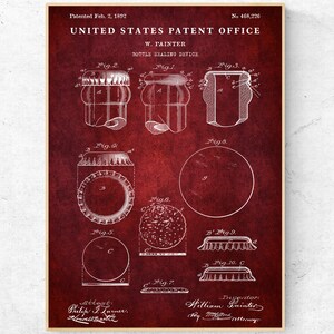 Bottle Cap 1892 Patent Print, Beer Invention Blueprint Poster, Pub Bar ...