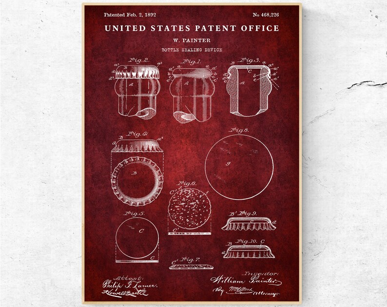 Bottle Cap 1892 Patent Print, Beer Invention Blueprint Poster, Pub Bar ...