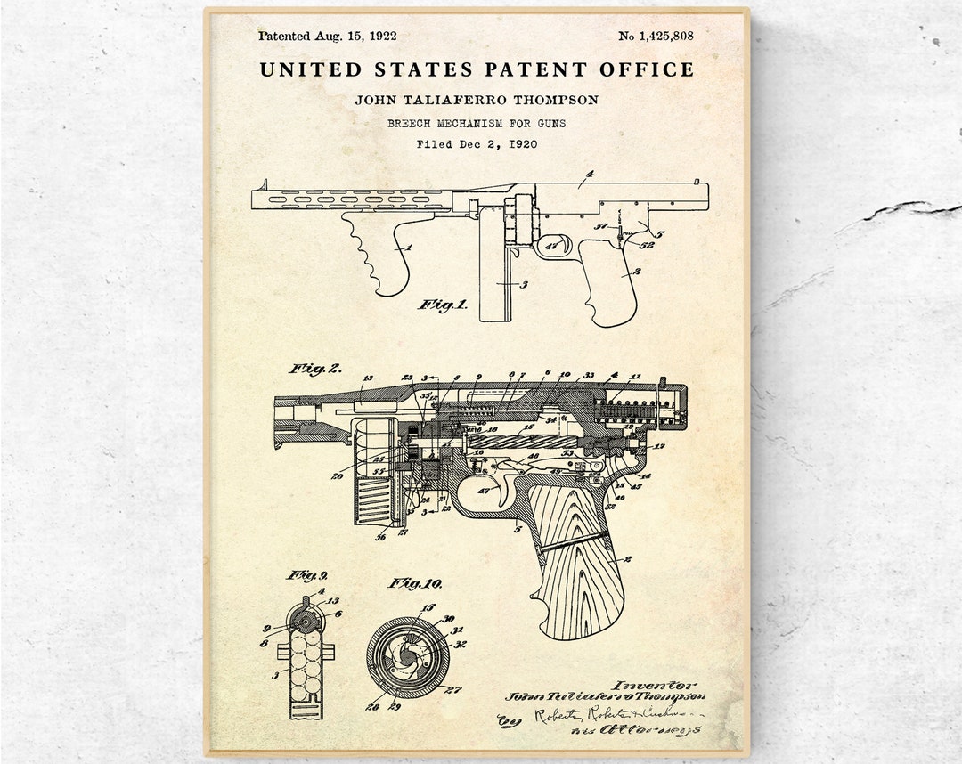 Thompson Submachine Gun 1922 Patent Print. Firearm Inventions Tommy Gun ...
