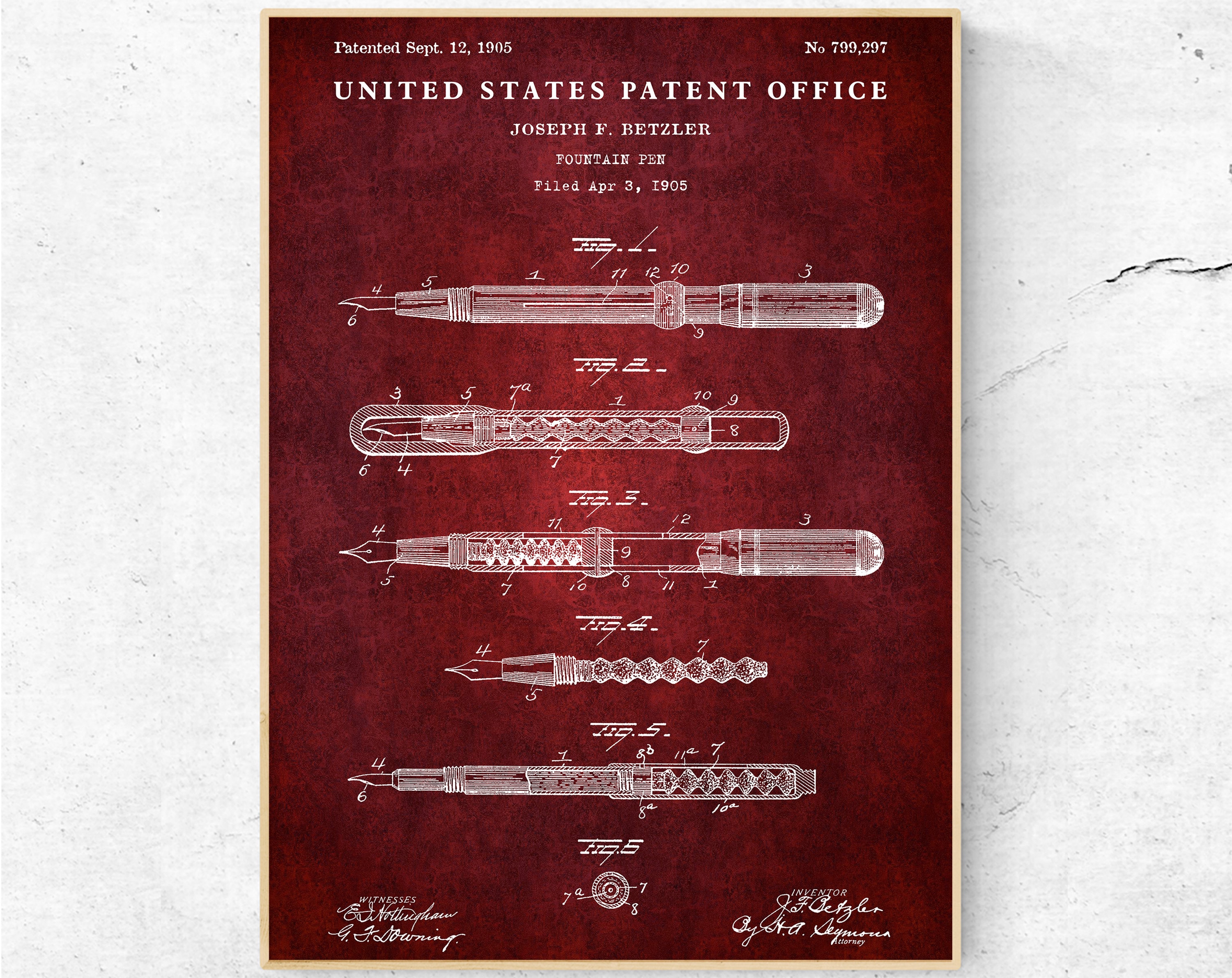 Fountain Pen 1905 Patent Print. Pen Inventions Blueprint Poster. Study ...