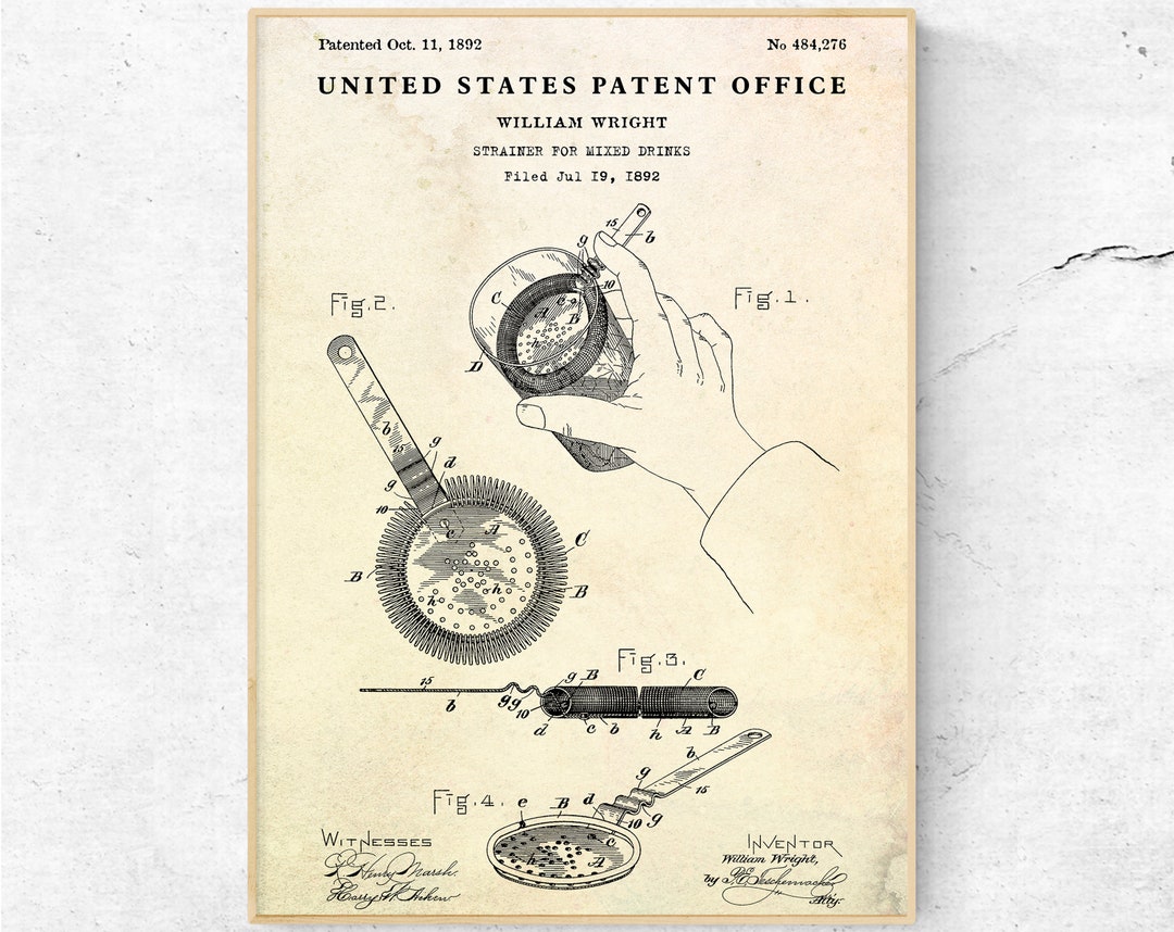 Cocktail Strainer 1892 Patent Print. Mixed Drink Blueprint Poster. Bar ...
