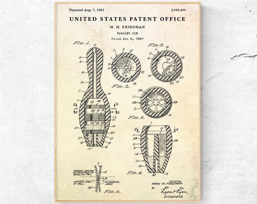 Bowling Pin 1962 Patent Poster. Bowling Decor Blueprint Wall - Etsy