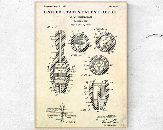 Bowling Pin 1962 Patent Poster. Bowling Decor Blueprint Wall | Etsy