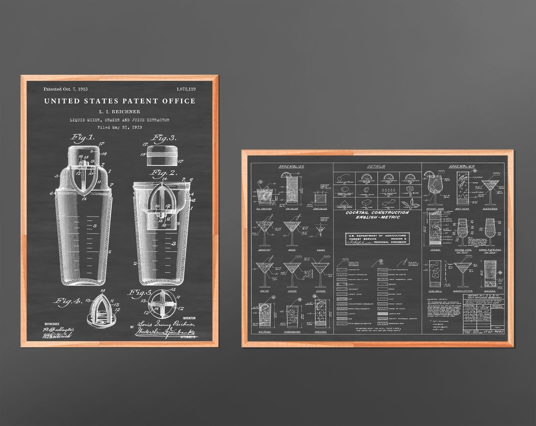 Cocktail Chart & Shaker Patent Wall Art. Mixed Drinks Blueprint Poster ...