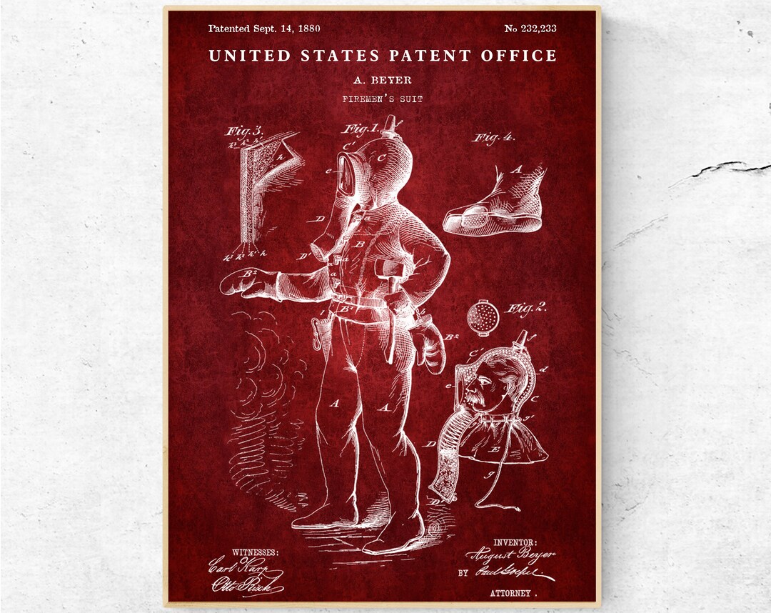 Fireman's Suit 1880 Patent Print. Blueprint Poster. Firefighter Gift ...