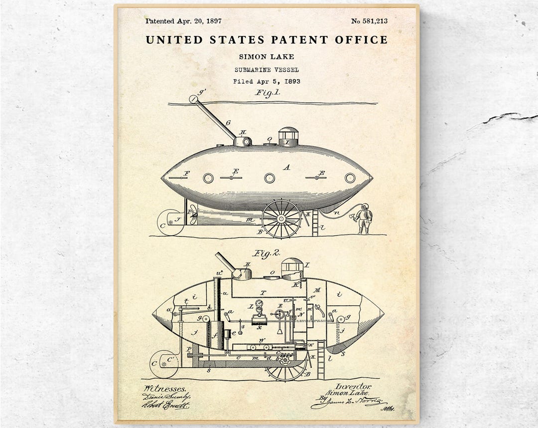 Submarine 1897 Patent Print. Nautical Blueprint Poster, Navy Military ...