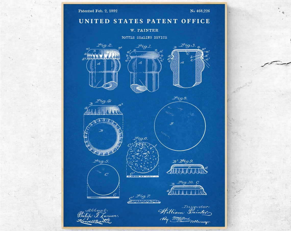 Bottle Cap 1892 Patent Print, Beer Invention Blueprint Poster, Pub Bar ...