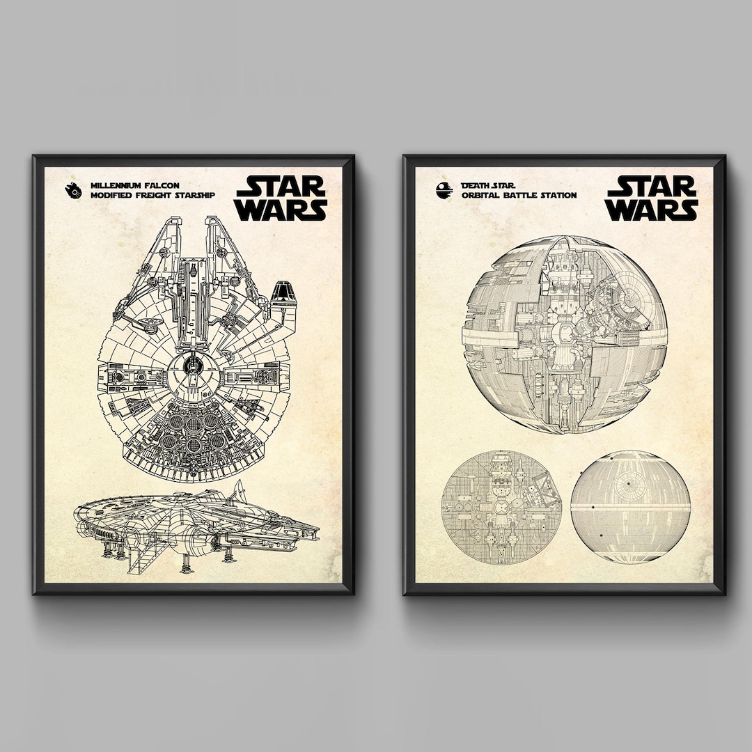 Death Star & Millennium Falcon Schematic Wall Art, Star Wars Decor ...